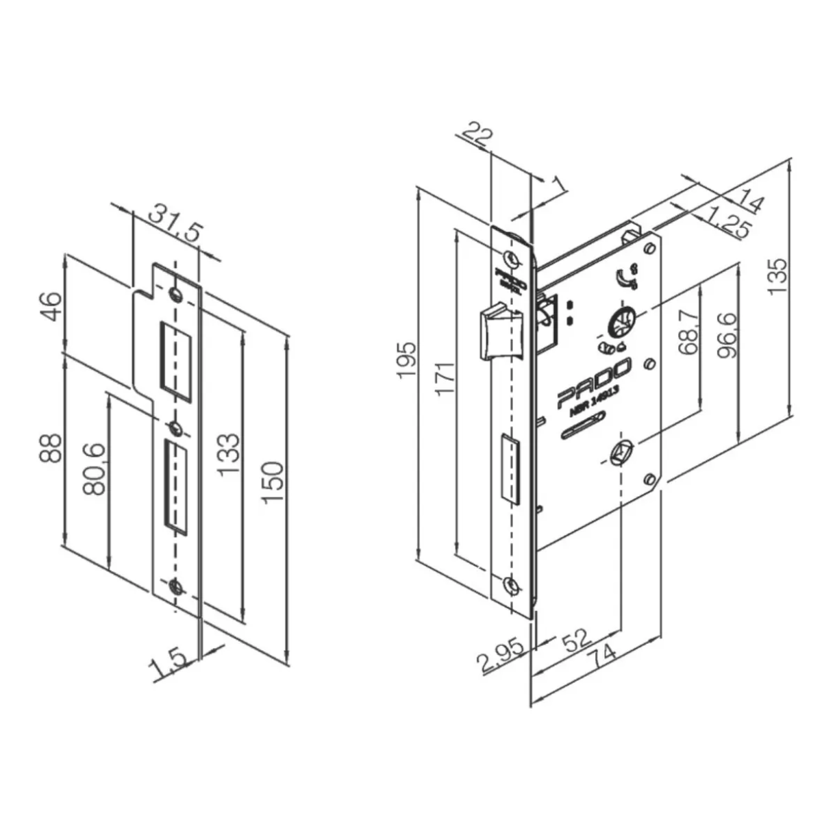 Fechadura Porta Banheiro Luma Broca 55mm Inox Polido Pado